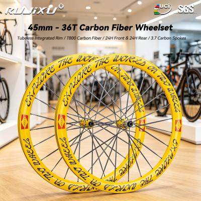 China RUJIXU Road Bike T800 Carbon Fiber 45mm Height Disc Brake 24H 700C 3.7mm Spoke 36T Ratchet Deep Clincher/TUBELESS Tire Bicycle for sale