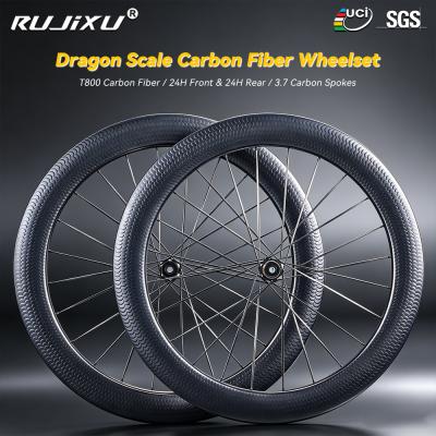 China RUJIXU Road Bike T800 Carbon Fiber 50mm Dragon Scales Pattern 24H 700C 3.7mm Spoke 36T Ratchet Clincher/TUBELESS Disc Brake for sale