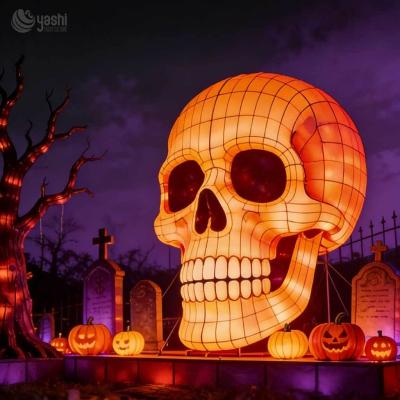 China Custom Giant Skull Halloween Lantern, Large LED Skull Head Lantern with Graveyard & Pumpkin Scene for Festival Display for sale