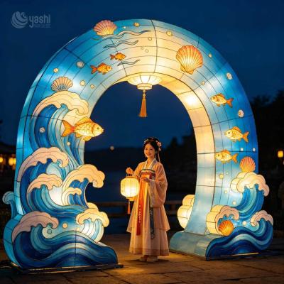 China Traditional Chinese Ocean Themed Lantern Arch, Wave & Fish LED Light Tunnel for Festival Entrance Decoration for sale