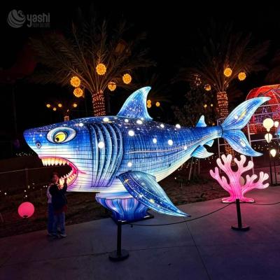 China Custom Giant Outdoor Shark Lantern Decoration 3D Silk Sea Animal Light Sculpture for Aquarium Ocean Theme Park Decor for sale