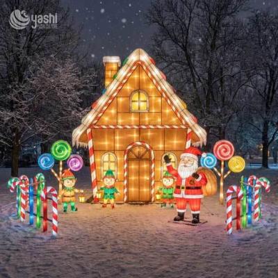 China Custom Giant Outdoor Christmas Lantern Decoration 3D Silk Gingerbread House Santa Claus Elf Sculptures for Theme Park Mall Decor for sale