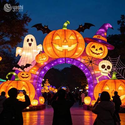 China Custom Halloween Pumpkin Arch Lantern, Large LED Entrance Gate Light Sculpture with Ghost, Bat & Skeleton for sale