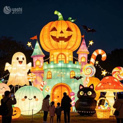 China Custom Fairy‑Tale Pumpkin Castle Halloween Lantern Set, Large LED Cute Festival Light Sculpture with Ghost & Black Cat for sale