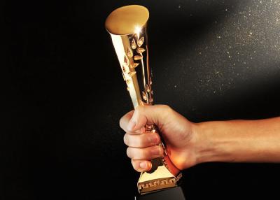 China Gold Plated Polyresin Trophy Cylinder Shape Year - End Bonus For Enterprise Staff for sale