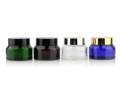 China 15g 30g 50g Tan Transparent Color Green Amber Frost Glass Container Cosmetic Jars with Aluminum Lids for sale