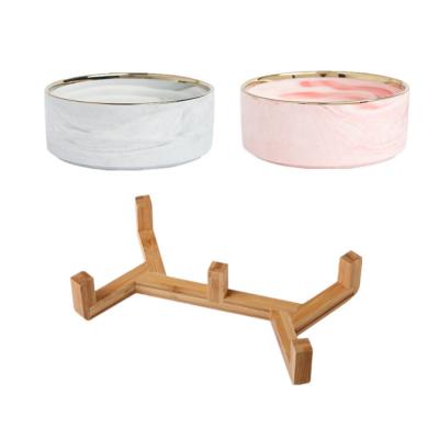 Cina Ciotole alzate ceramiche di marmo amichevoli del cane di Eco con il supporto di legno in vendita