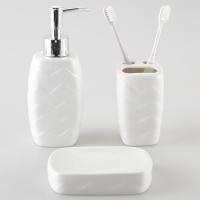 China Embossed Decor Ceramic Bathroom Set 4 Pcs Toothbrush Cup Soap Dispenser 330ml for sale