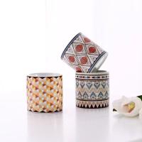 China Scented Cylinder Ceramic Candle Jar 4x6 Inch Vintage Tile Pattern Printed Empty Vessel for sale