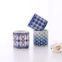 China Scented Cylinder Ceramic Candle Jar 4x6 Inch Vintage Tile Pattern Printed Empty Vessel for sale