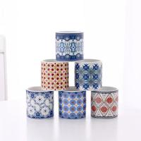 China Scented Cylinder Ceramic Candle Jar 4x6 Inch Vintage Tile Pattern Printed Empty Vessel for sale