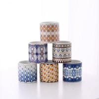 China Scented Cylinder Ceramic Candle Jar 4x6 Inch Vintage Tile Pattern Printed Empty Vessel for sale