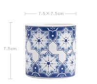 China Scented Cylinder Ceramic Candle Jar 4x6 Inch Vintage Tile Pattern Printed Empty Vessel for sale