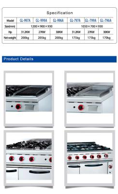 China Power Gas Range GH-999A 27Kw Commercial Cooking Equipment With Rock Grill And Oven 205kg Weight Te koop