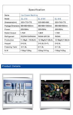 China 220-240V 2N~50HZ Professional Ice Cream Maker 12-18kg/h Output 2x1.8L Freezing Tank for sale