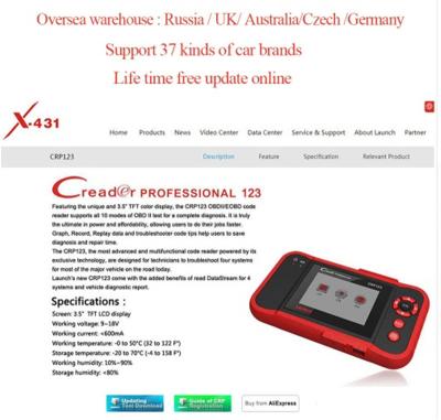 중국 CRP 123 스캐너 PK Creade에 Creader CRP123 obd2 eobd 부호 독자 자동 진단 기구 시험 엔진 아BS SRS 에어백을 발사하십시오 판매용