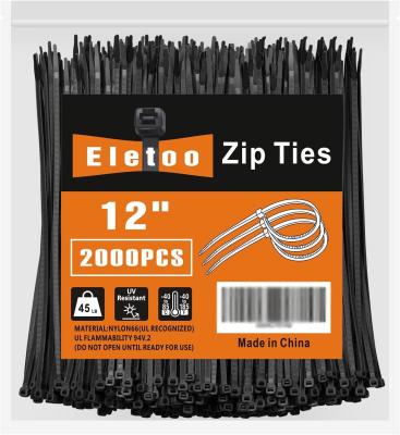 China 12-inch Black Self-Locking Nylon Cable Ties with 45-Pound Tensile Strength (2000 Pieces) for sale