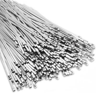China Stainless steel zip tie, 9.8 inches in length, 304 grade, heavy-duty, self-locking design, tensile strength of 220 pounds, available in packs of 500 pieces for sale