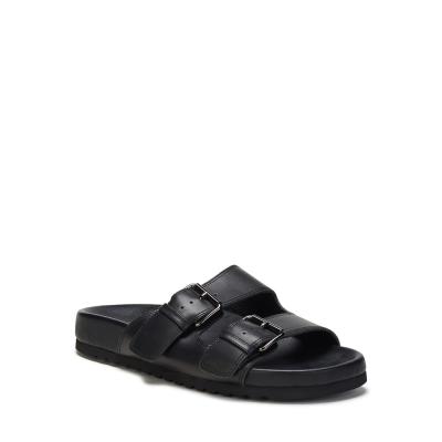 China Leather Black Flat Slide Sandals For Women Open Toe And Slip On Design for sale