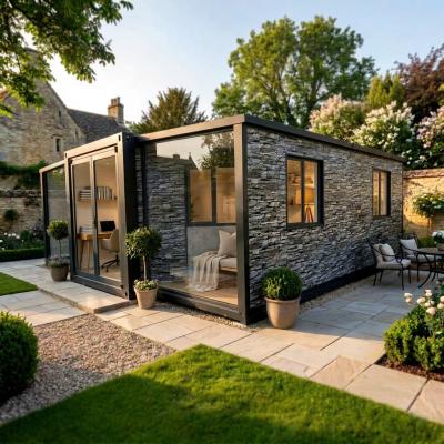 China Brick Color Wall Panel And Black Frame Expandable Container House With Kitchen And Wooden Floor for sale