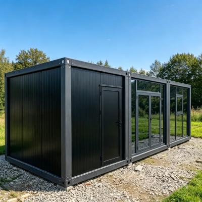 China Luxury All Black Combined Container Villa with Panoramic Glass Curtain Wall and Premium Three Unit Modular Resort Homestay for sale