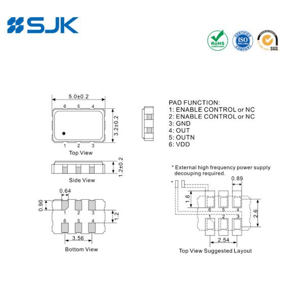 SMD 5032 Διαφορετικός ταλαντωτής LVDS με 10 ~ 320MHz ± 50ppm για οπτική εφαρμογή