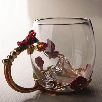 China Handmade Rose Flower Glass Mug Crystal Enamel Tea Water Coffee Cup for sale