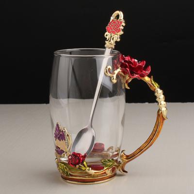 China Creative Red Rose Carved Enamel Crystal Glass Water Cup for Sale for sale
