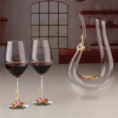 China Wholesale U Shape Decanter Enamel Flower Crystal Clear Wine Glass Set for Sale for sale