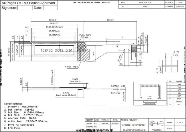 0.91 inch OLED Display Module technical drawing