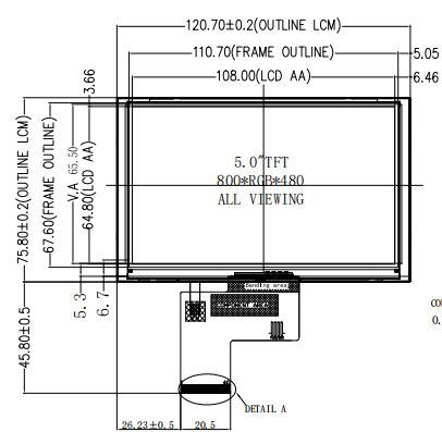 5 inch LCD touch screen technical drawing with dimensions