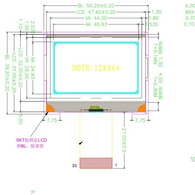 Technical diagram of 128X64 monochrome LCD display showing dimensions and interface points