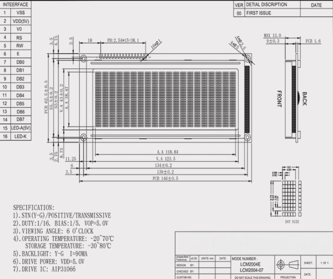 Technical drawing of 20x4 character LCD display module
