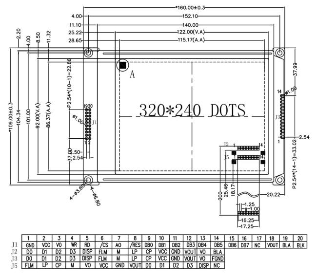 5.7 inch STN LCD display technical drawing