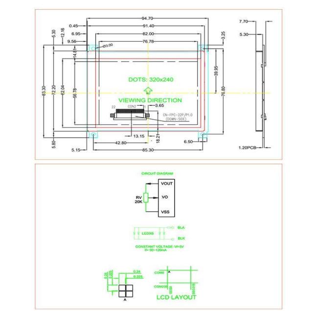 3.8 inch STN LCD Display technical drawing