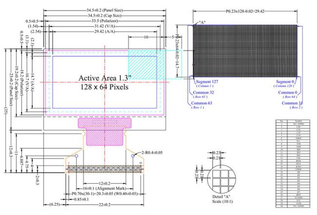 1.3 inch OLED display module technical drawing