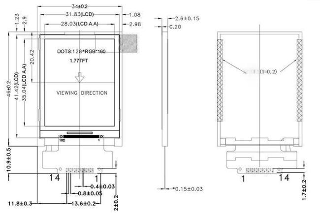 1.77 inch IPS LCD display technical drawing