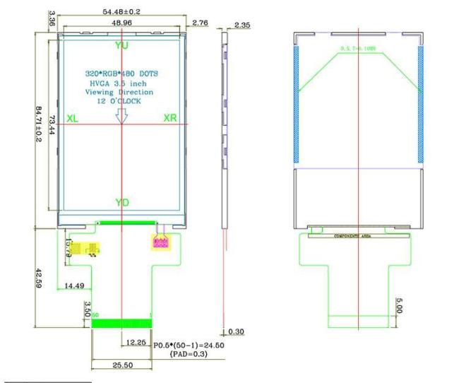 3.5 inch TFT LCD display technical drawing