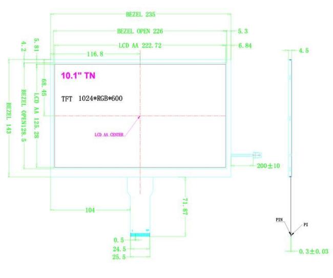 10.1 inch IPS LCD display technical drawing