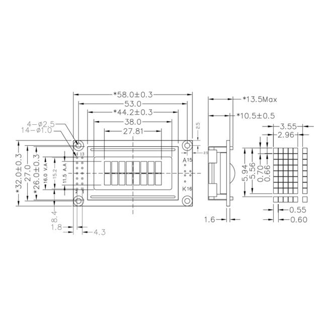 2.4 inch COG LCD display technical drawing with dimensions