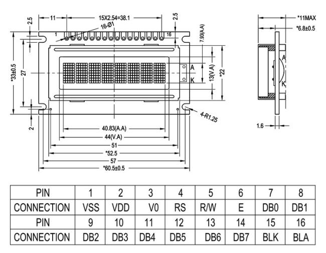 1.5 inch COG LCD display technical drawing showing dimensions and interface details