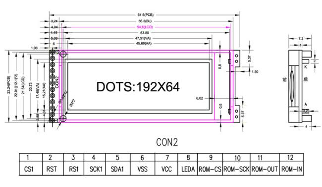 2-inch VA LCD display technical diagram showing dimensions and interface points
