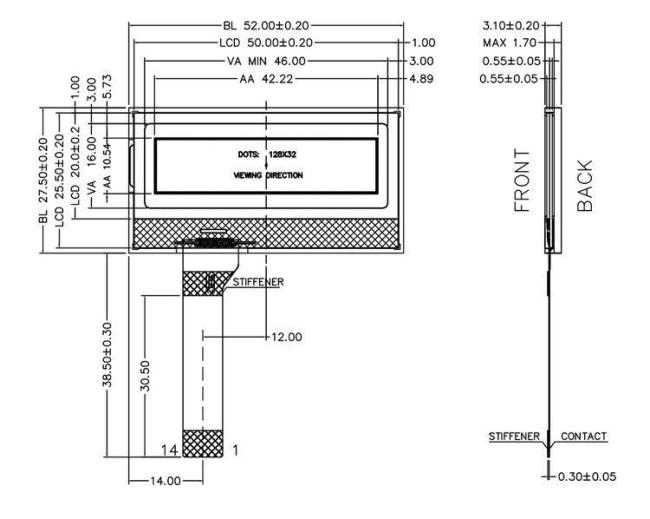 Technical diagram of 2 inch VA LCD display showing dimensions and interface details