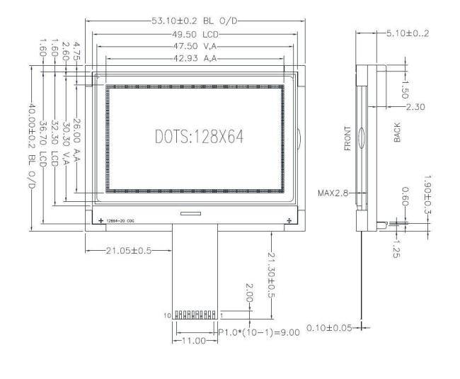 Technical drawing of 2 inch LCD display module