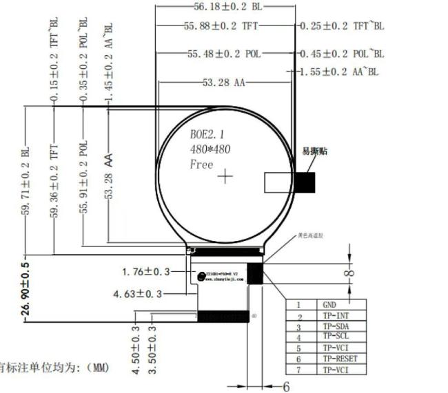 2.1 inch round LCD display technical diagram showing dimensions and interface points