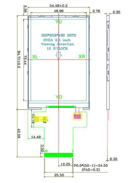 3.5 inch IPS LCD display technical drawing