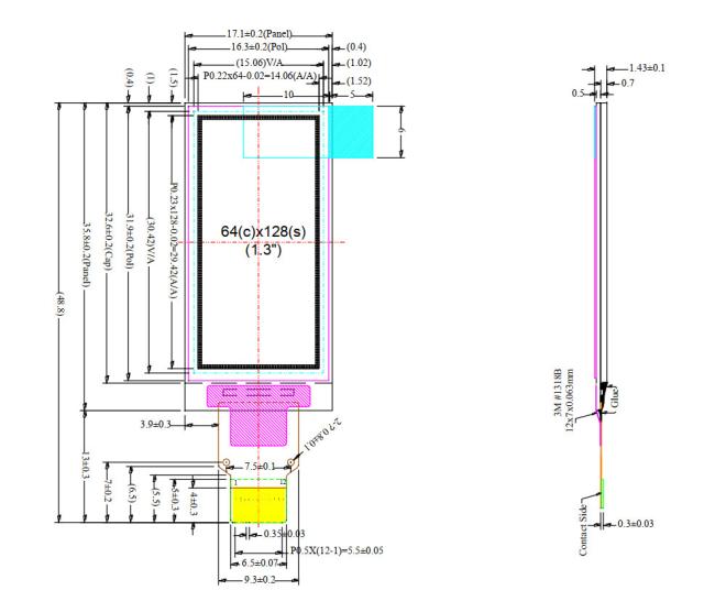 1.3 inch OLED Display Module technical diagram showing dimensions and pin configuration