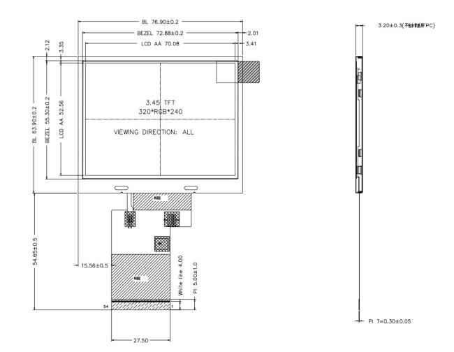 3.5 inch TFT LCD display technical drawing