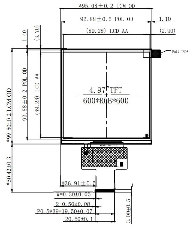 4.97 inch IPS LCD display module technical diagram showing dimensions and interface details