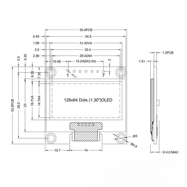 Technical drawing of 1.3 inch OLED Display Module showing dimensions and pin configuration